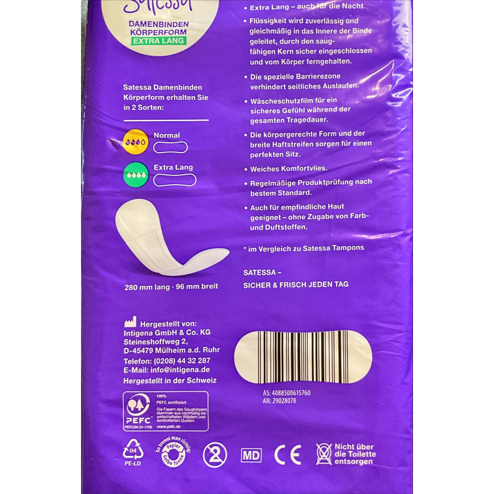 ROKSH Intimhygiene SATESSA Damenbinden Körperform, Extra Lang 15 Stück