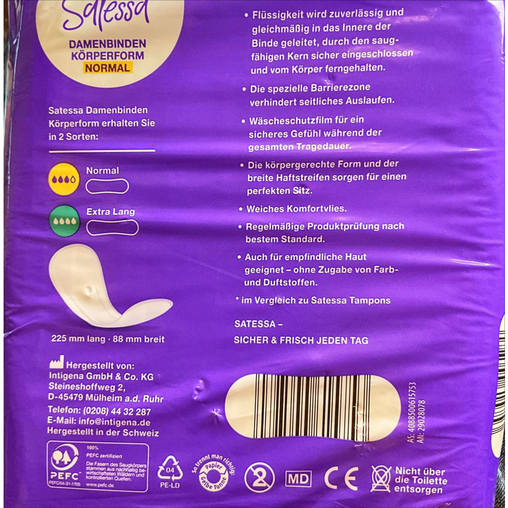 ROKSH Intimhygiene SATESSA Damenbinden Körperform, Normal 20 Stück