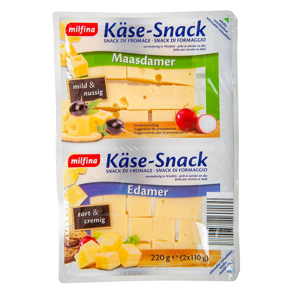 ROKSH Käsespezialitäten MILFINA Käse Snack Maasdamer-Edamer 2x110g