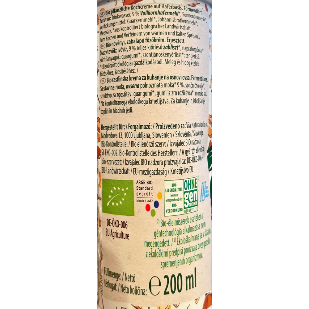 ROKSH Pflanzliche Produkte BIO NATURA Kochcreme Hafer 200ml