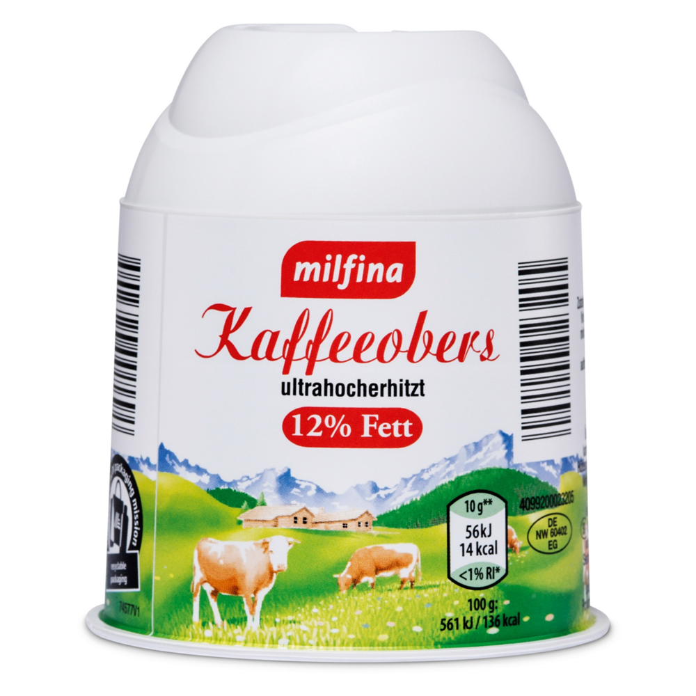 ROKSH Haltbare Milch, Sahne & Co MILFINA Kaffeeobers 12% Fett 200ml