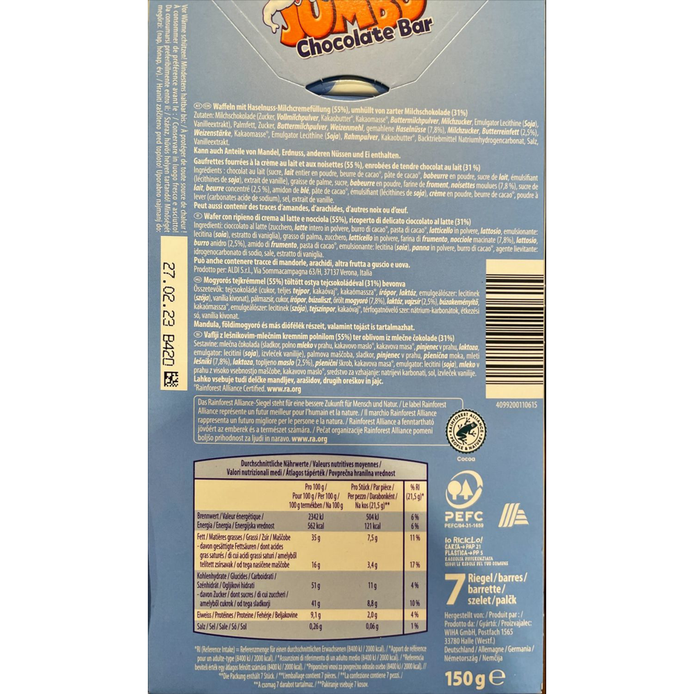 ROKSH Schokoriegel & Co CHOCEUR Milk Jumbo Haselnuss-Creme 150g