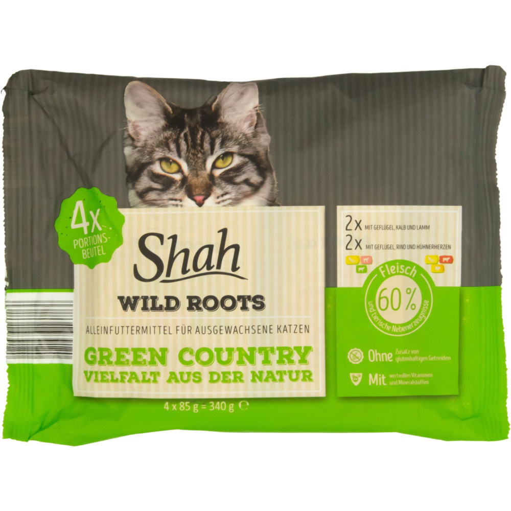 ROKSH Katzennahrung SHAH Wild Roots Geflügel, Kalb und Lamm 4x85g