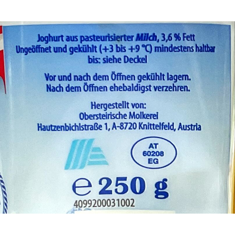 ROKSH Joghurt & Topfen MILFINA Joghurt 3,6% Fett 250g